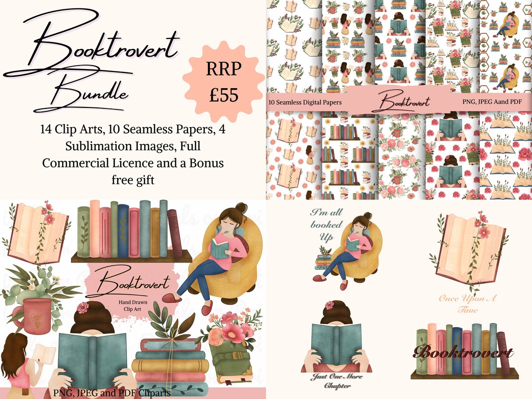 Watercolour Booktrovert Clipart Bundle, Book PNG, Book Lover Clipart ...