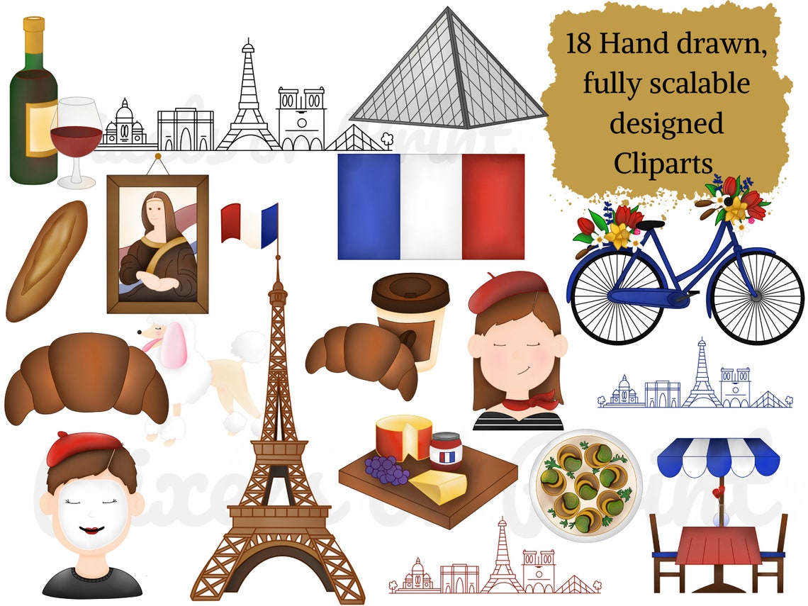 Paris Clipart: Watercolor Eiffel Tower, French Cafe PNG (digital ...
