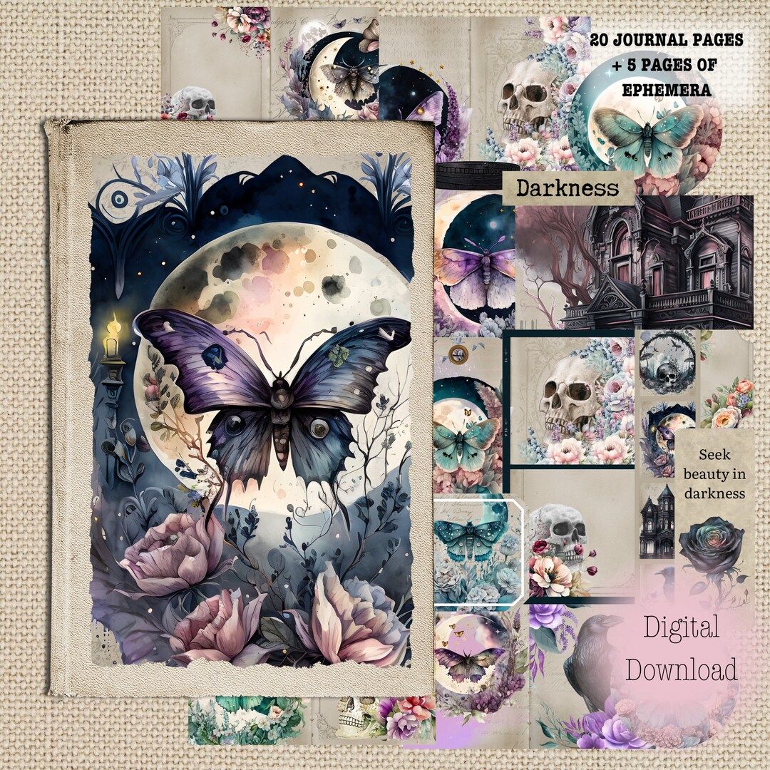 Printable Journal Kit, Into the Night, Gothic Moth, Skulls, Pastels and ...