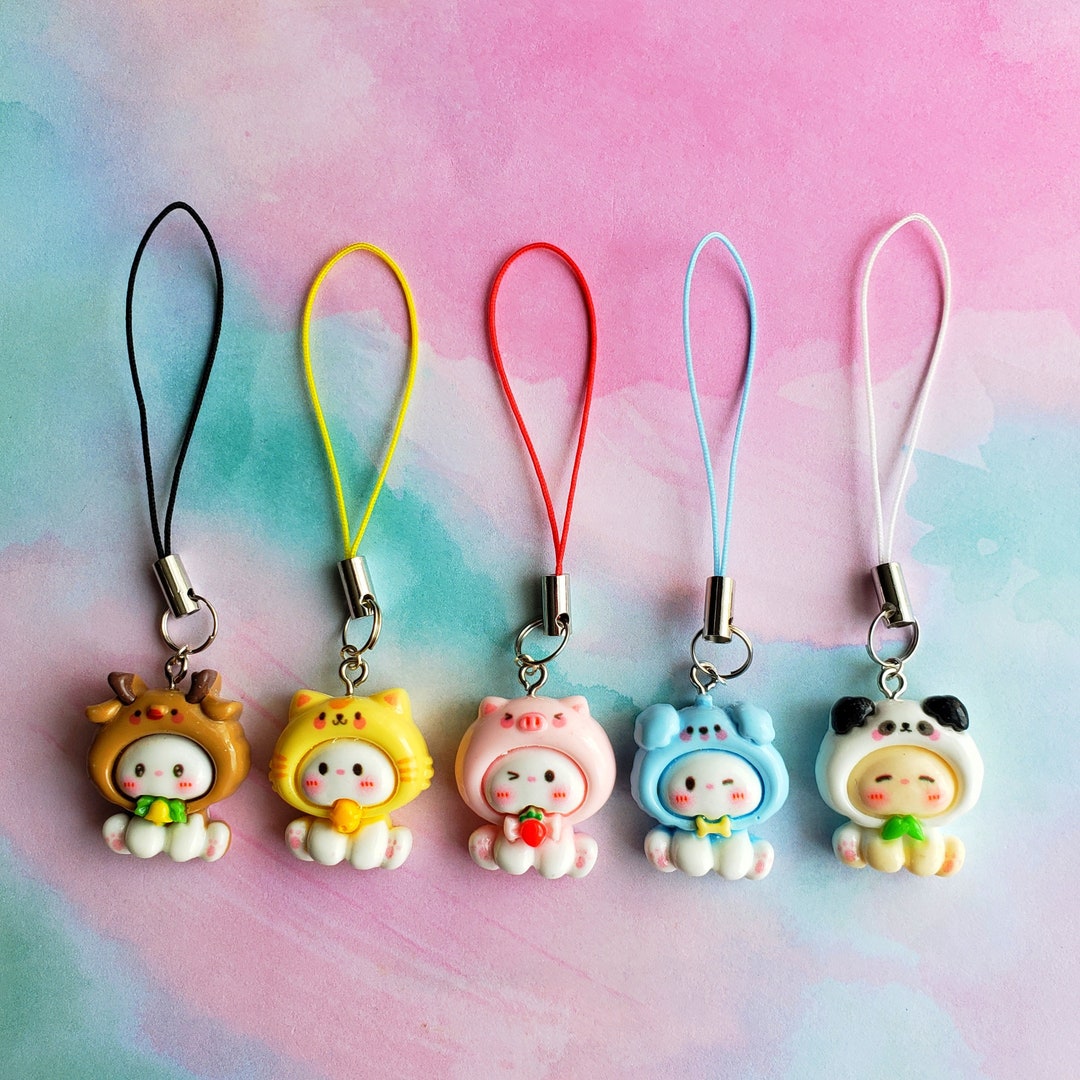 Cute Animal Phone Charm Beaded Kawaii Keychain Cute Phone Strap Cat ...