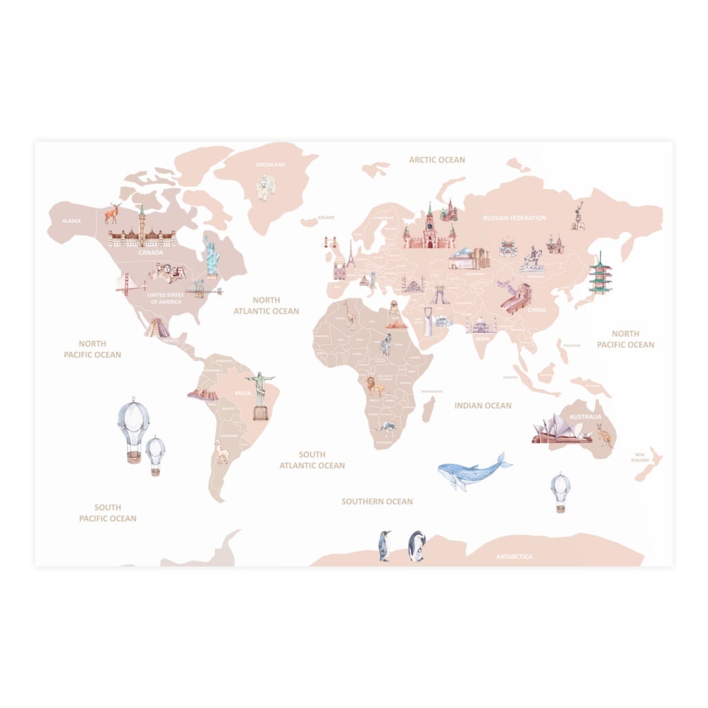 World Map With Attractions Poster Vertical and Horizontal - Etsy