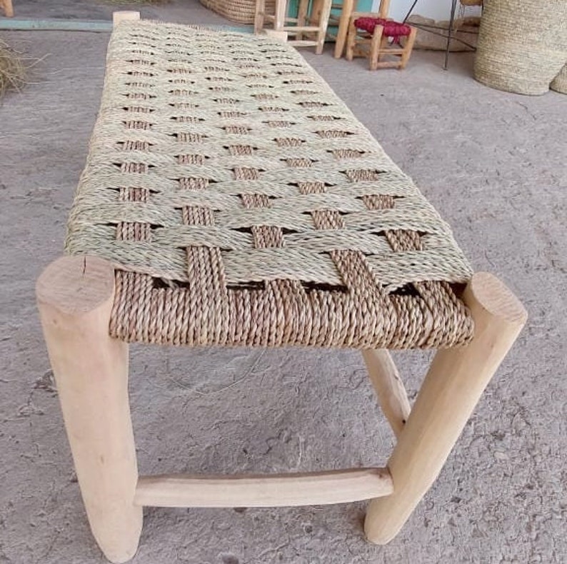 Moroccan Traditional Wooden Straw Bench Berber Chair Made - Etsy