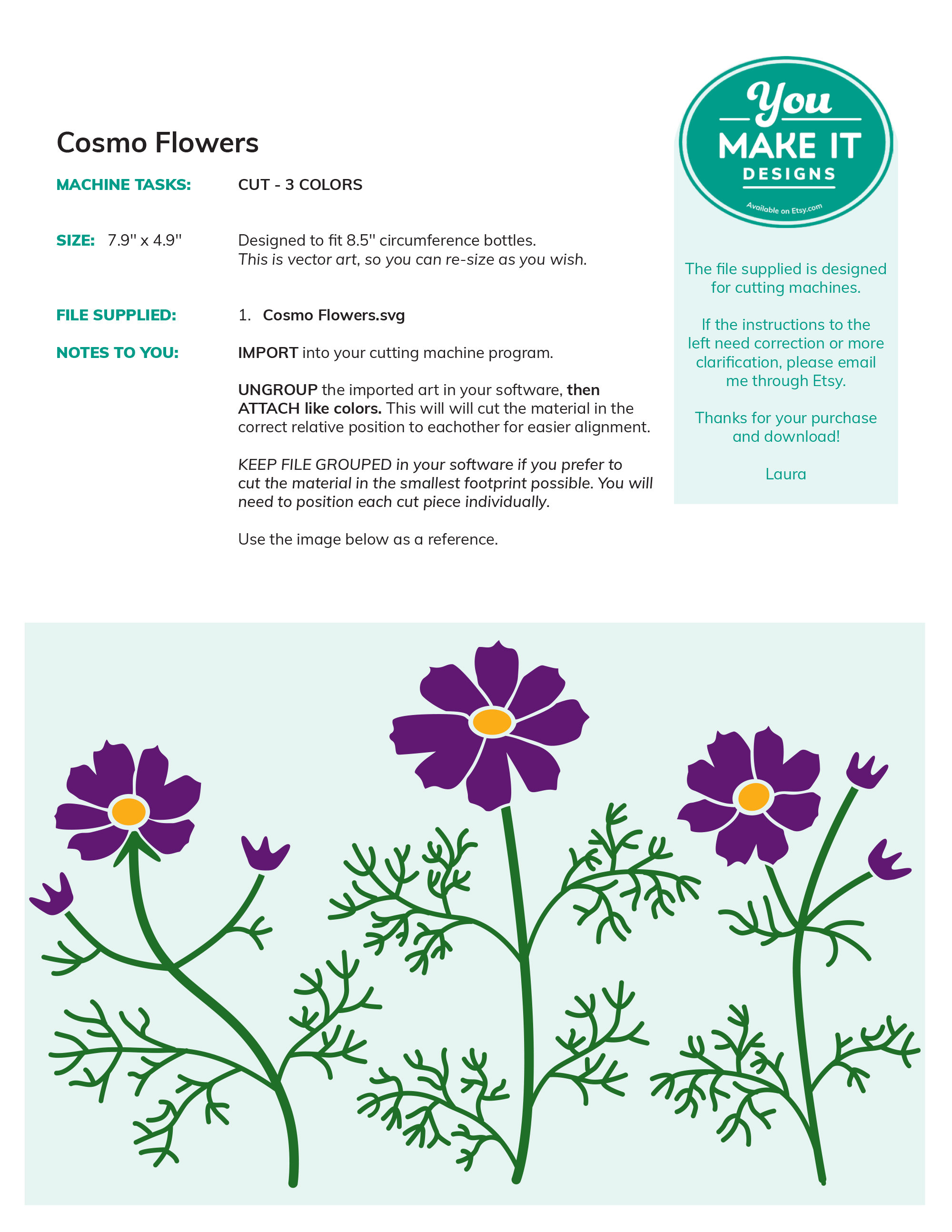 Cosmo Flowers 3 Color .SVG Cut File for Decorating a Glass Bottle or T ...