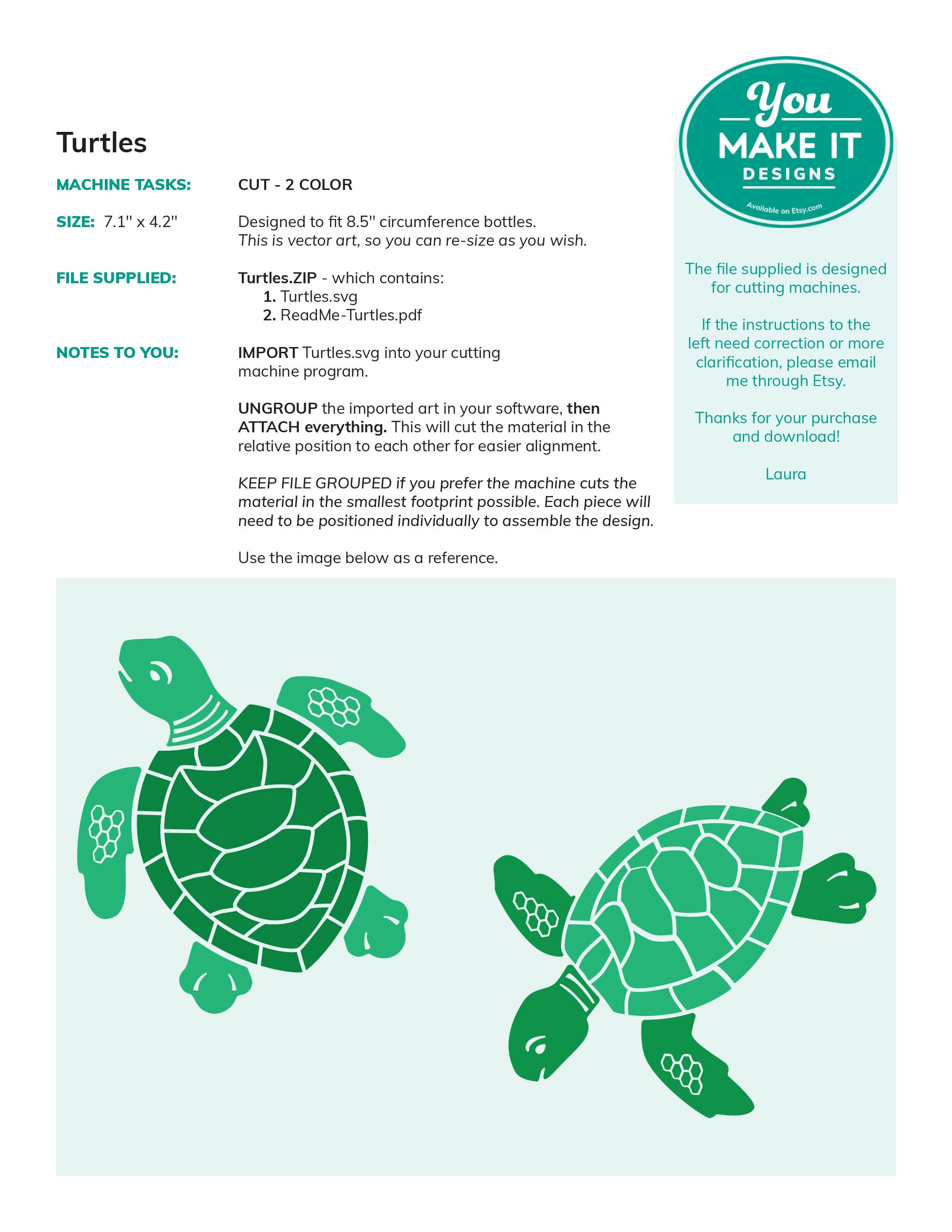 Turtles 2 Color .SVG Cut File for Decorating a Glass Bottle or T-shirt ...