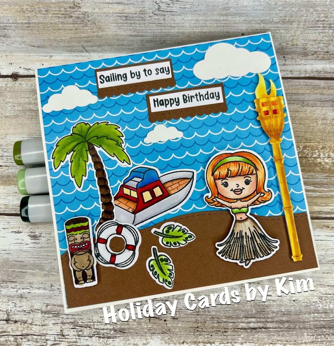 Handmade Tropical Birthday Card: Hula Girl, Boat - Etsy