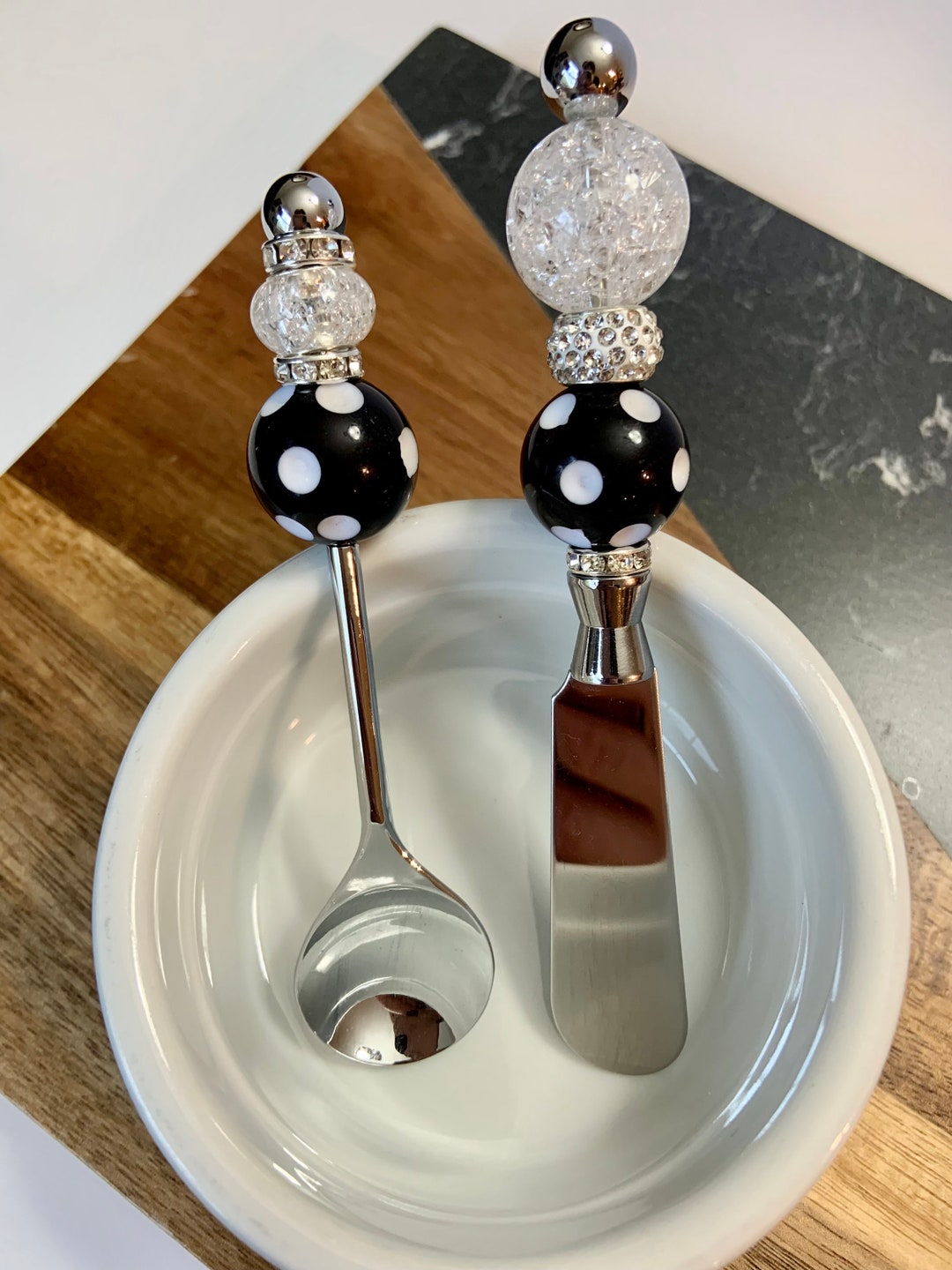 Black and White Polkadot and Crystal Appetizer Knife and Spoon ...