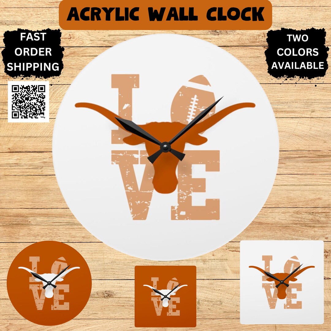 Texas Longhorn Logo Acrylic Wall Room Dorm Table Desk Clock Hook Em ...