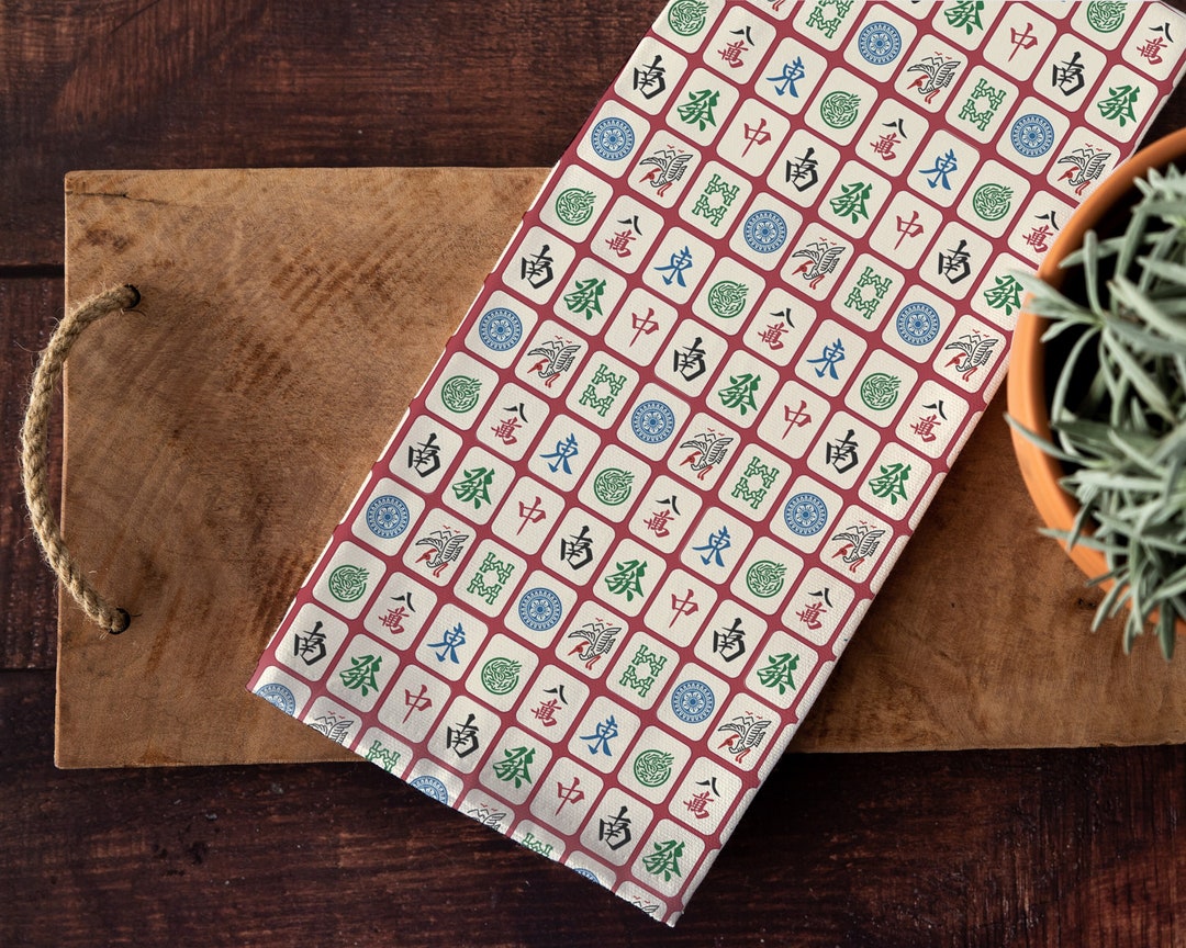 Elegant Mahjong Tea Towel, Classic Cream Tile Pattern on Vibrant Red ...
