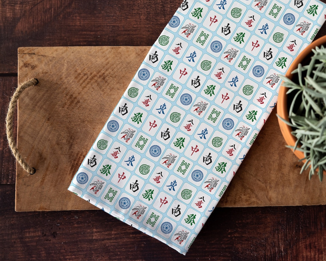 Mahjong Tea Towel, Beautiful White and Blue Mahjong Tile Pattern ...