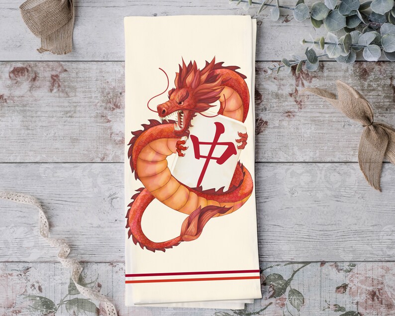 Mahjong Tea Towel, Red Dragon Tile Design on Cream Background, Elegant ...