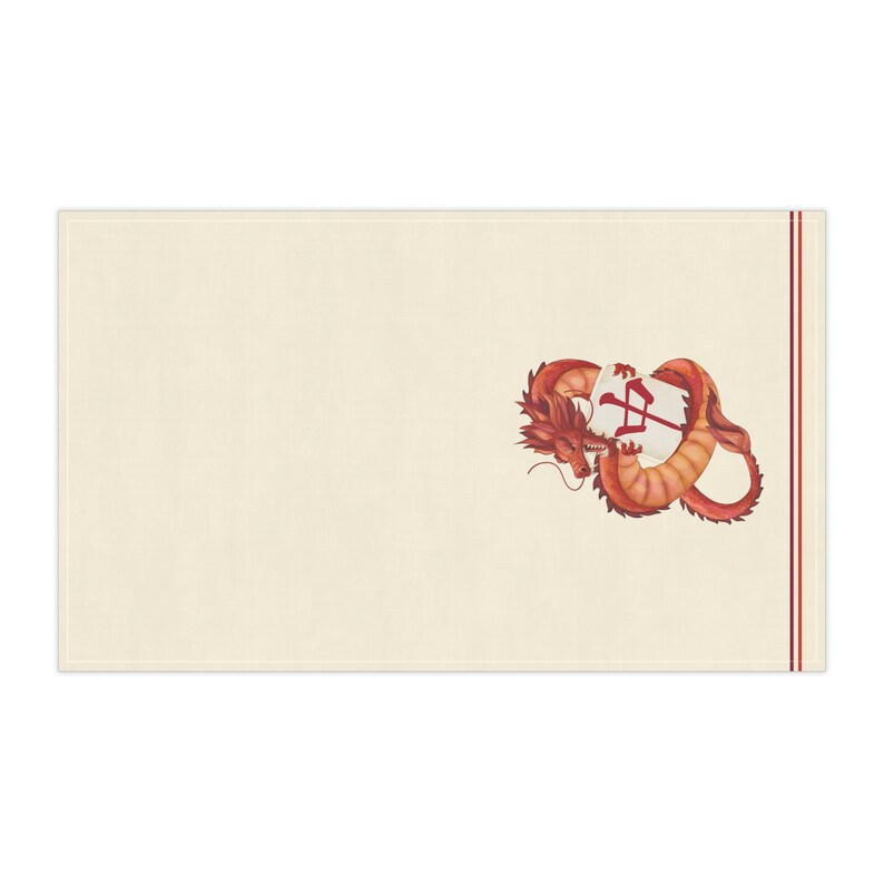 Mahjong Tea Towel, Red Dragon Tile Design on Cream Background, Elegant ...