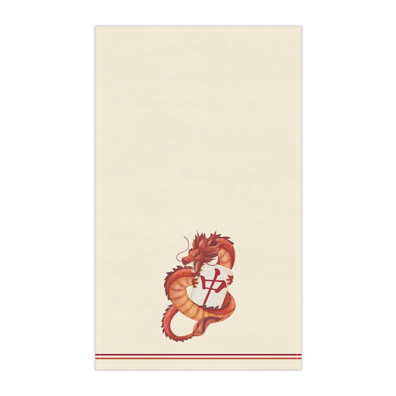 Mahjong Tea Towel, Red Dragon Tile Design on Cream Background, Elegant ...