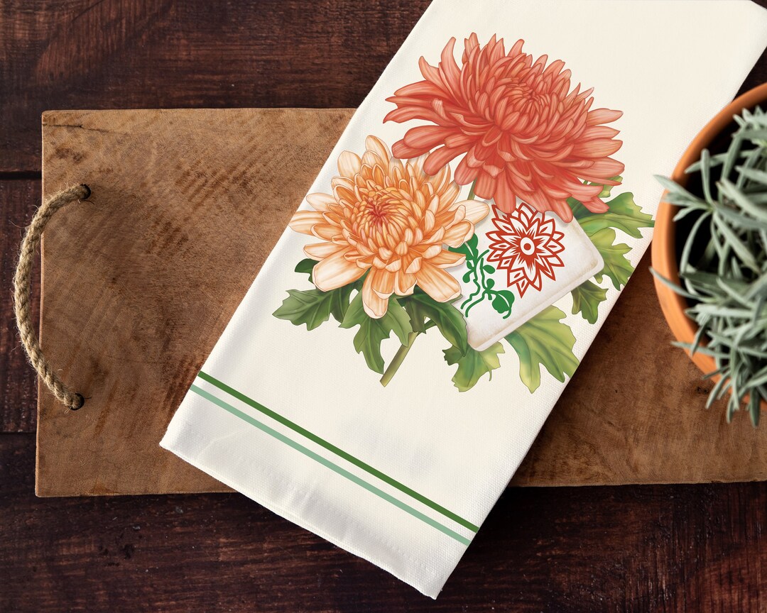 Mahjong Tea Towel, Chrysathemum Flower Tile Design on Cream Background ...