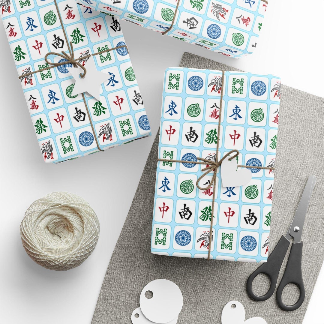 Mahjong Gift Wrap, Mahjong Tiles on Light Blue Background Wrapping ...