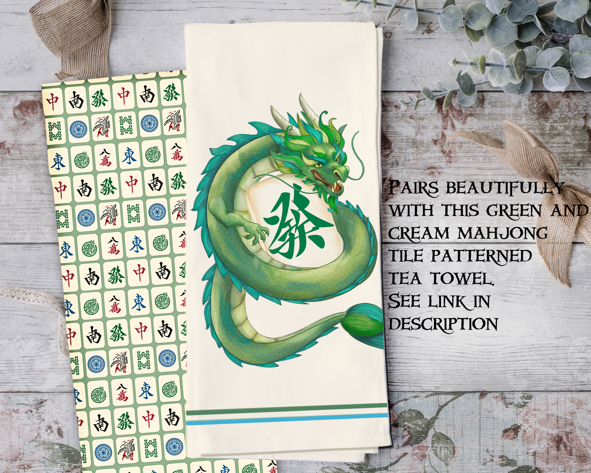 Mahjong Tea Towel, Green Dragon Tile Design on Cream Background ...