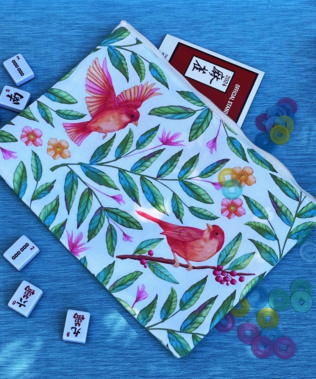 Mahjong Sparrow Card and Coin Pouch, Joyful Pink and Green Sparrow ...