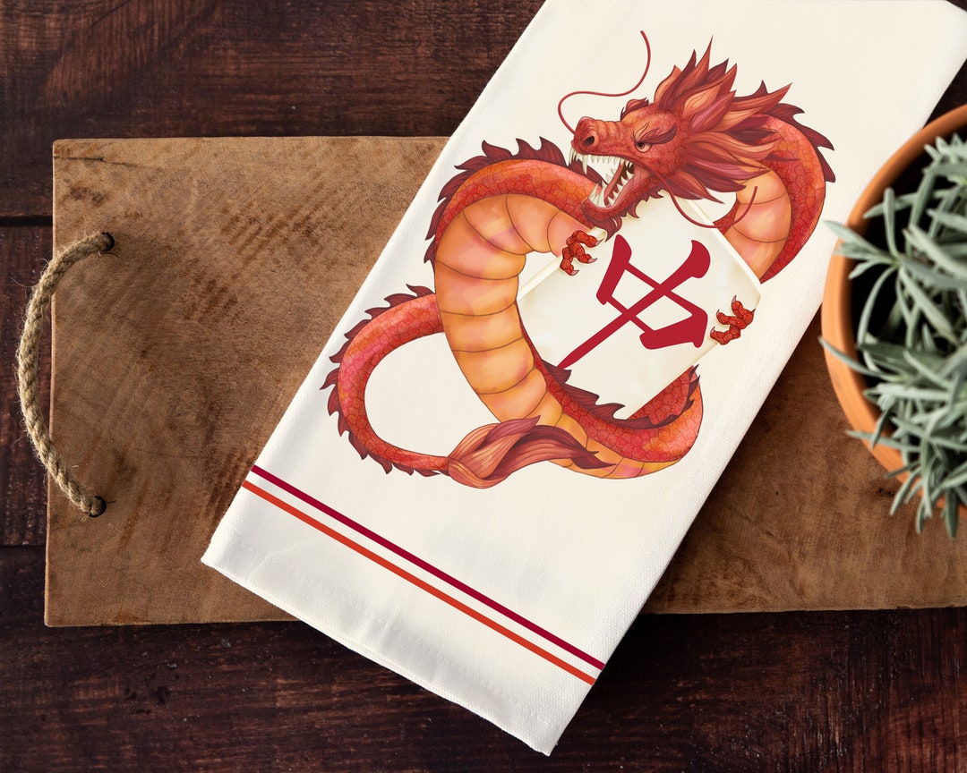 Mahjong Tea Towel, Red Dragon Tile Design on Cream Background, Elegant ...