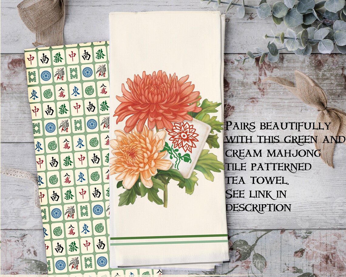 Mahjong Tea Towel, Chrysathemum Flower Tile Design on Cream Background ...