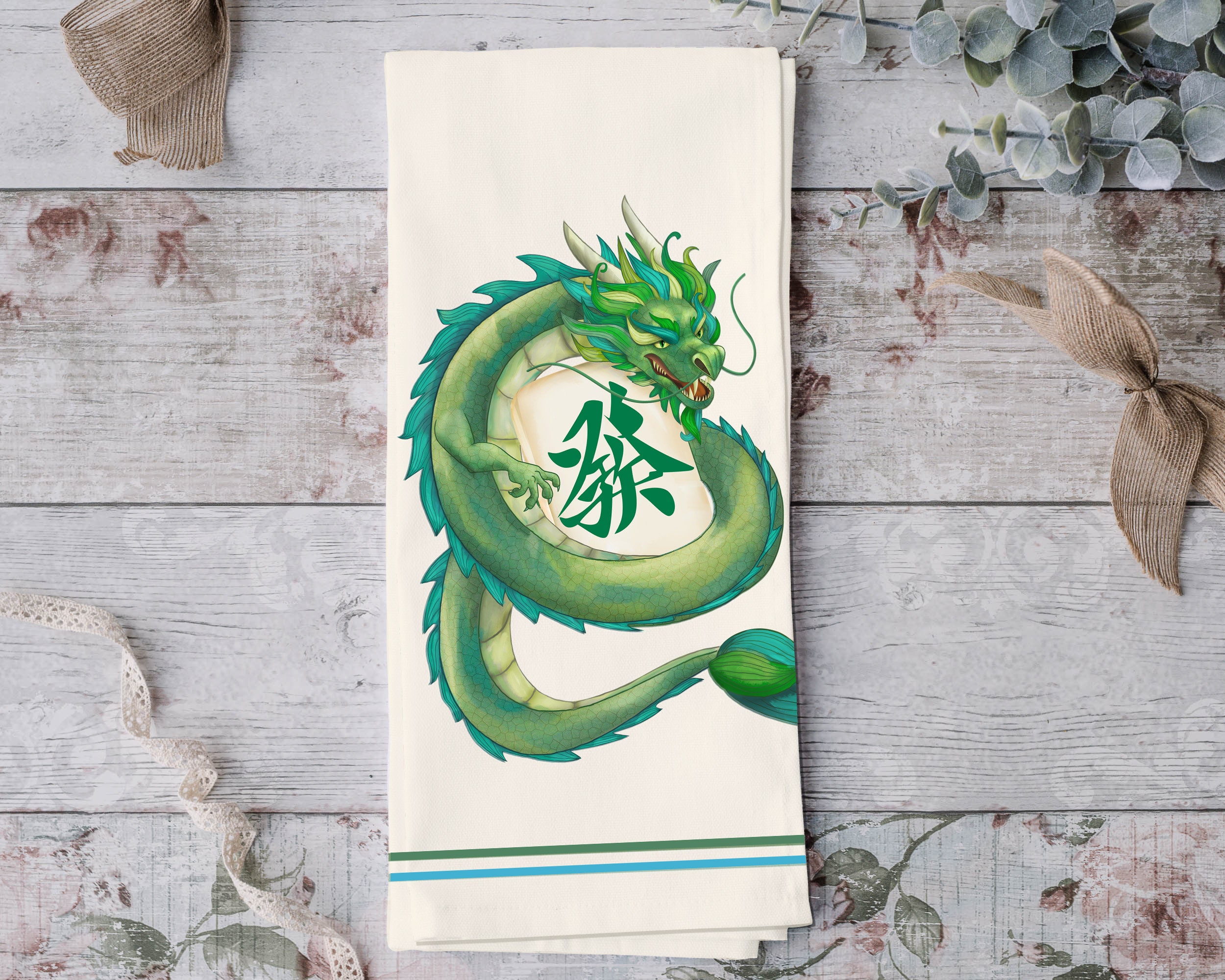 Mahjong Tea Towel, Green Dragon Tile Design on Cream Background ...