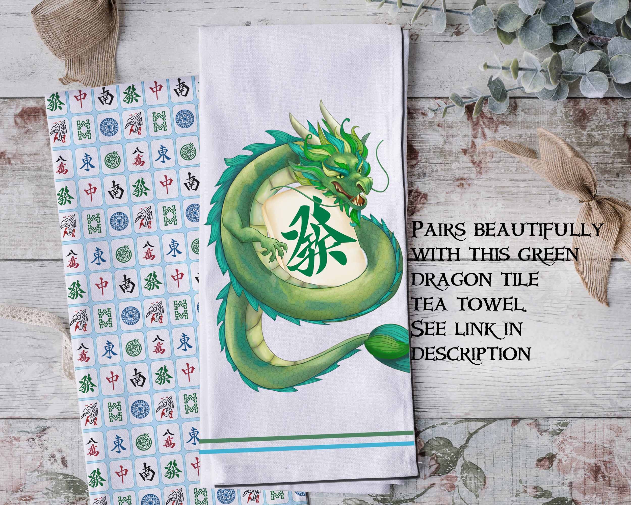 Mahjong Tea Towel, Beautiful White and Blue Mahjong Tile Pattern ...