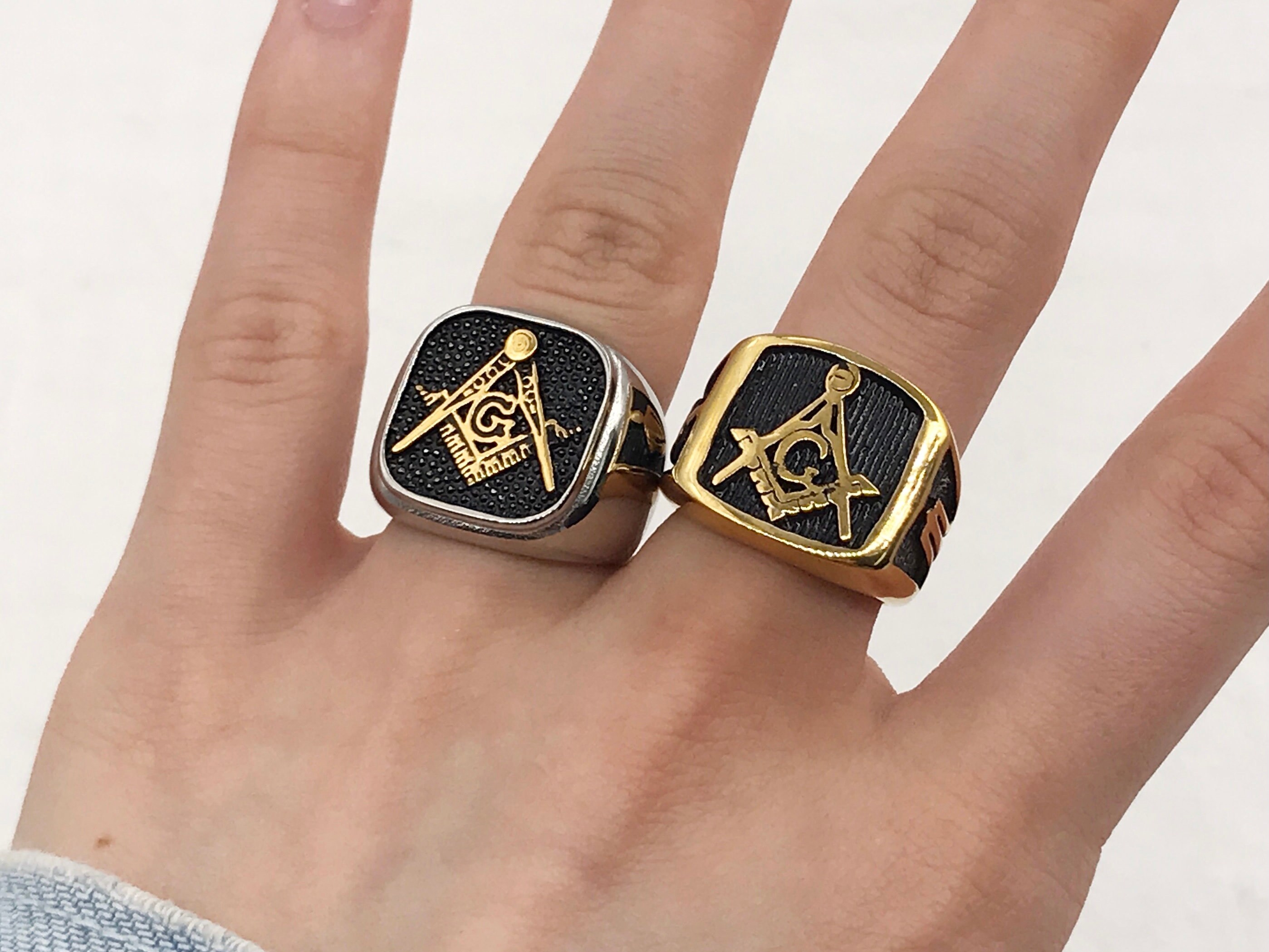 Black Masonic Ring, Stainless Steel Signet Freemason Gold Tone, Silver ...