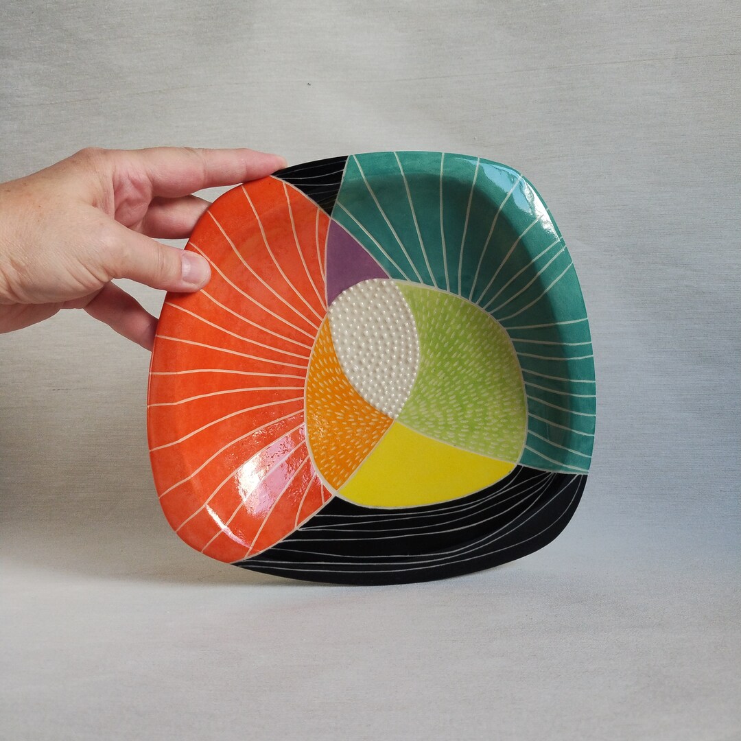 Handbuilt Porcelain Pedestal Bowl With Bold Colored Abstract Sgraffito ...