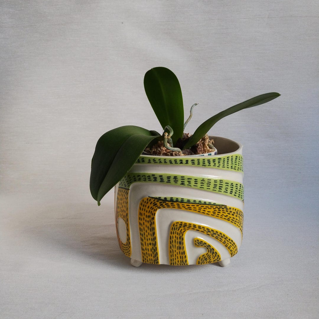Handbuilt Porcelain Planter With Bold Colored Abstract Embossed Design ...