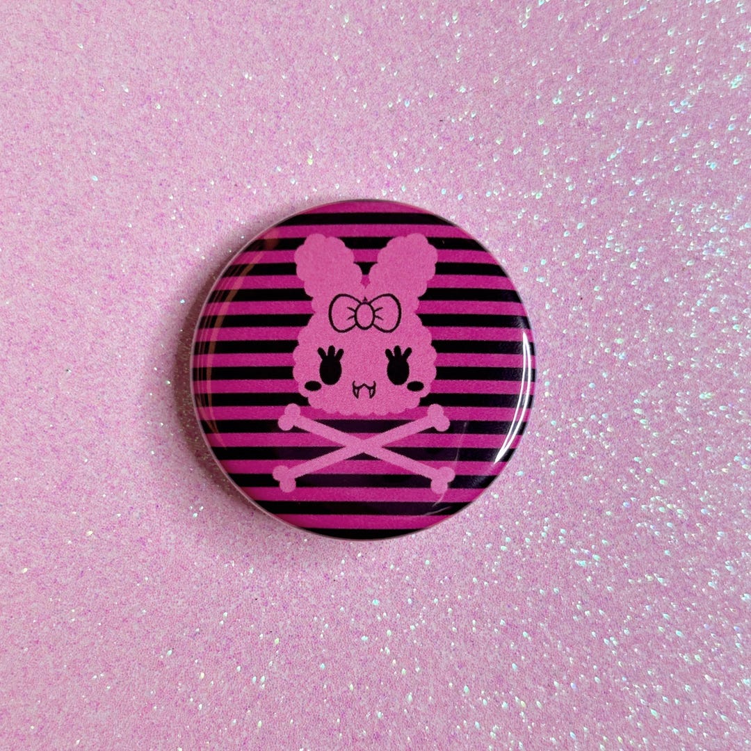 Kira Crossbones Vampire Bunny Pink Skull Punk Stripes Kawaii Pin Button ...