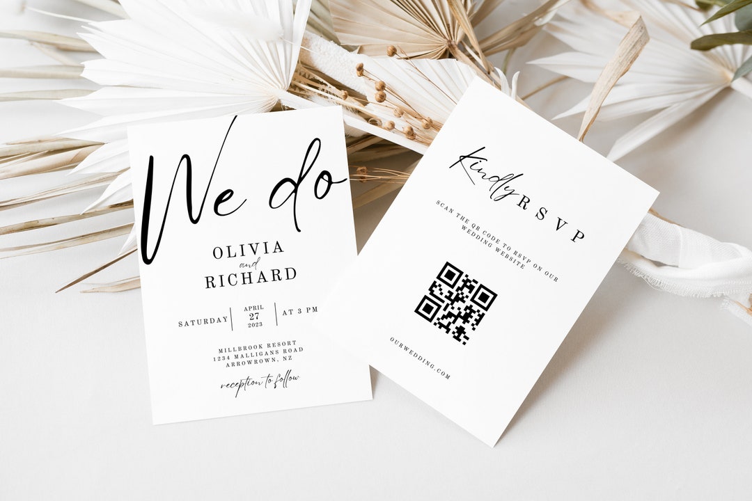 We Do Invitation Canva Template Simple Script Wedding Invitation With QR Code Double Sided ...