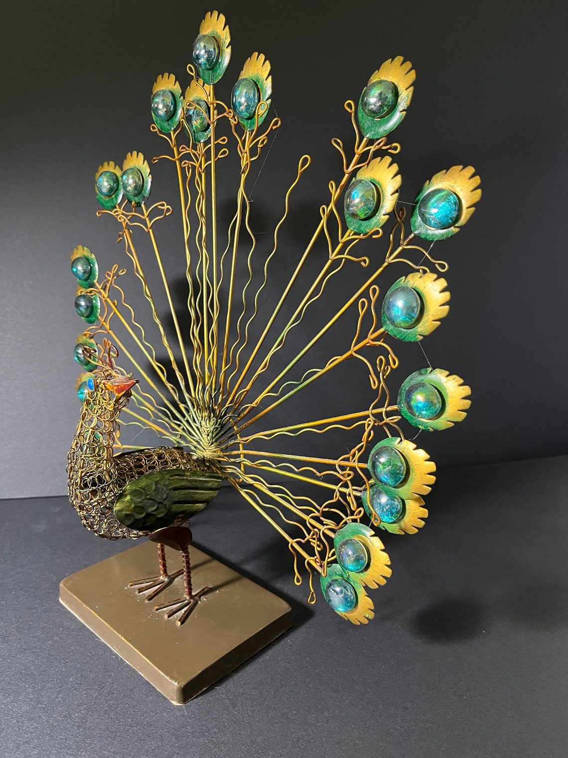 Vintage Peacock Wire Sculpture, Metal Peacock, Gold Blue Green Metal ...
