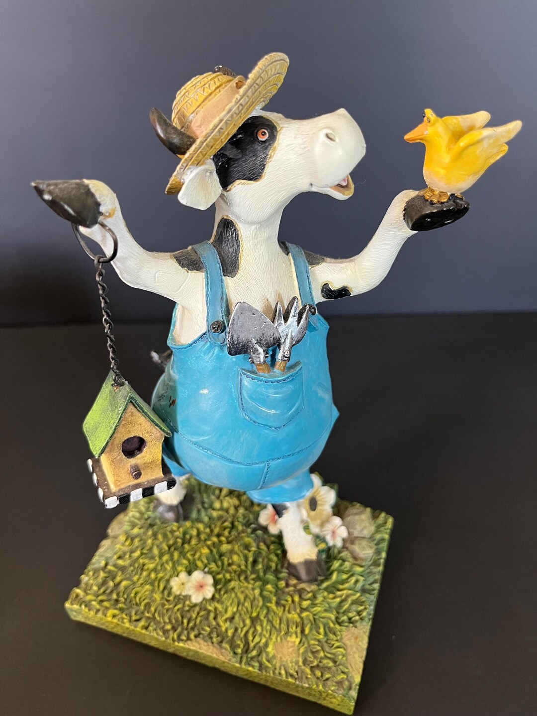 Holstein Cow Gardener Statue Figurine, Cow Birdwatcher Figure, Cow With ...
