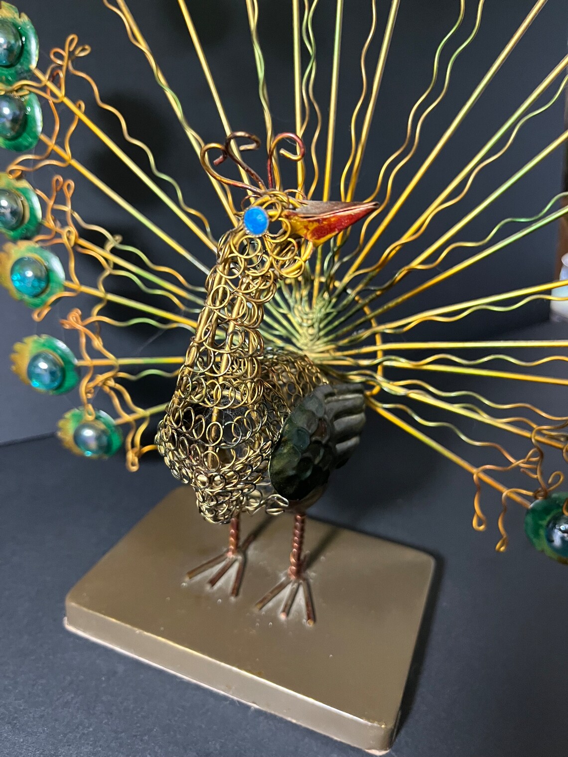 Vintage Peacock Wire Sculpture, Metal Peacock, Gold Blue Green Metal ...