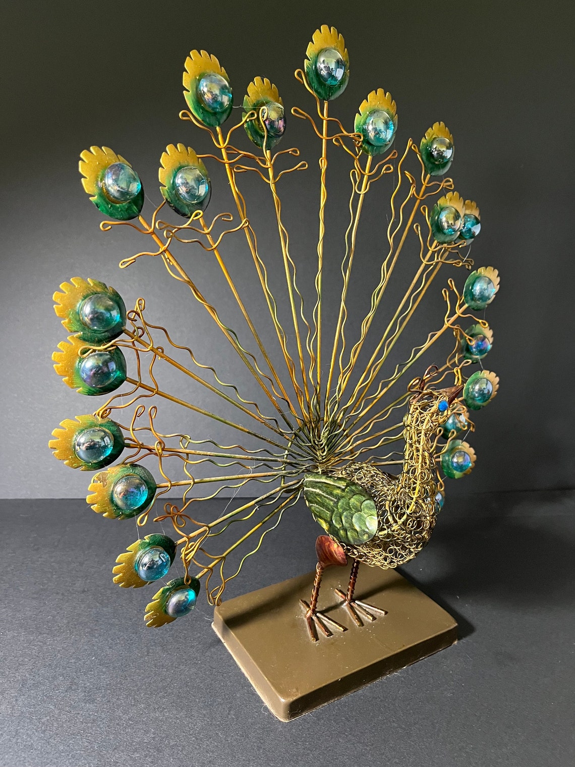 Vintage Peacock Wire Sculpture, Metal Peacock, Gold Blue Green Metal ...