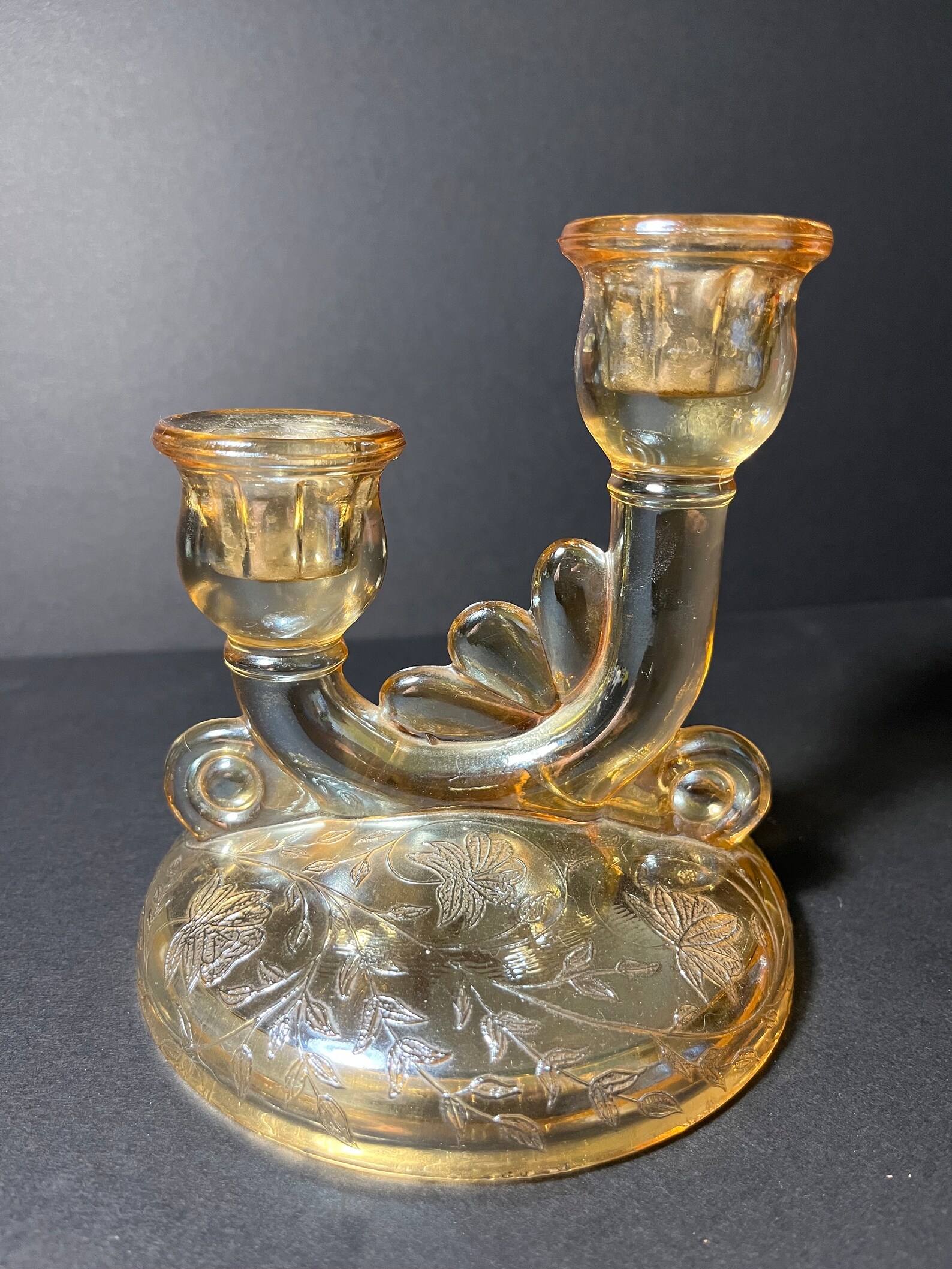 Vintage Floragold Glass Double Candle Holder With Raised Floral Design ...