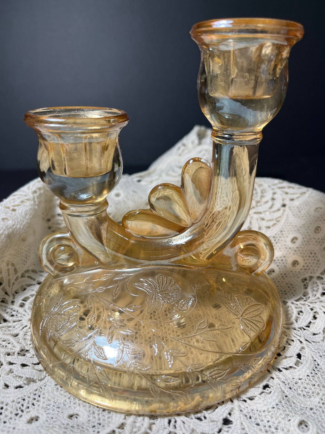 Vintage Floragold Glass Double Candle Holder With Raised Floral Design ...