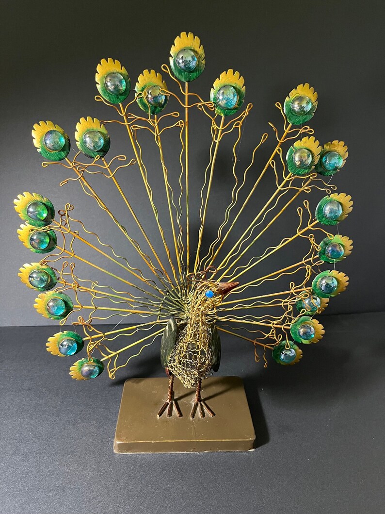 Vintage Peacock Wire Sculpture, Metal Peacock, Gold Blue Green Metal ...