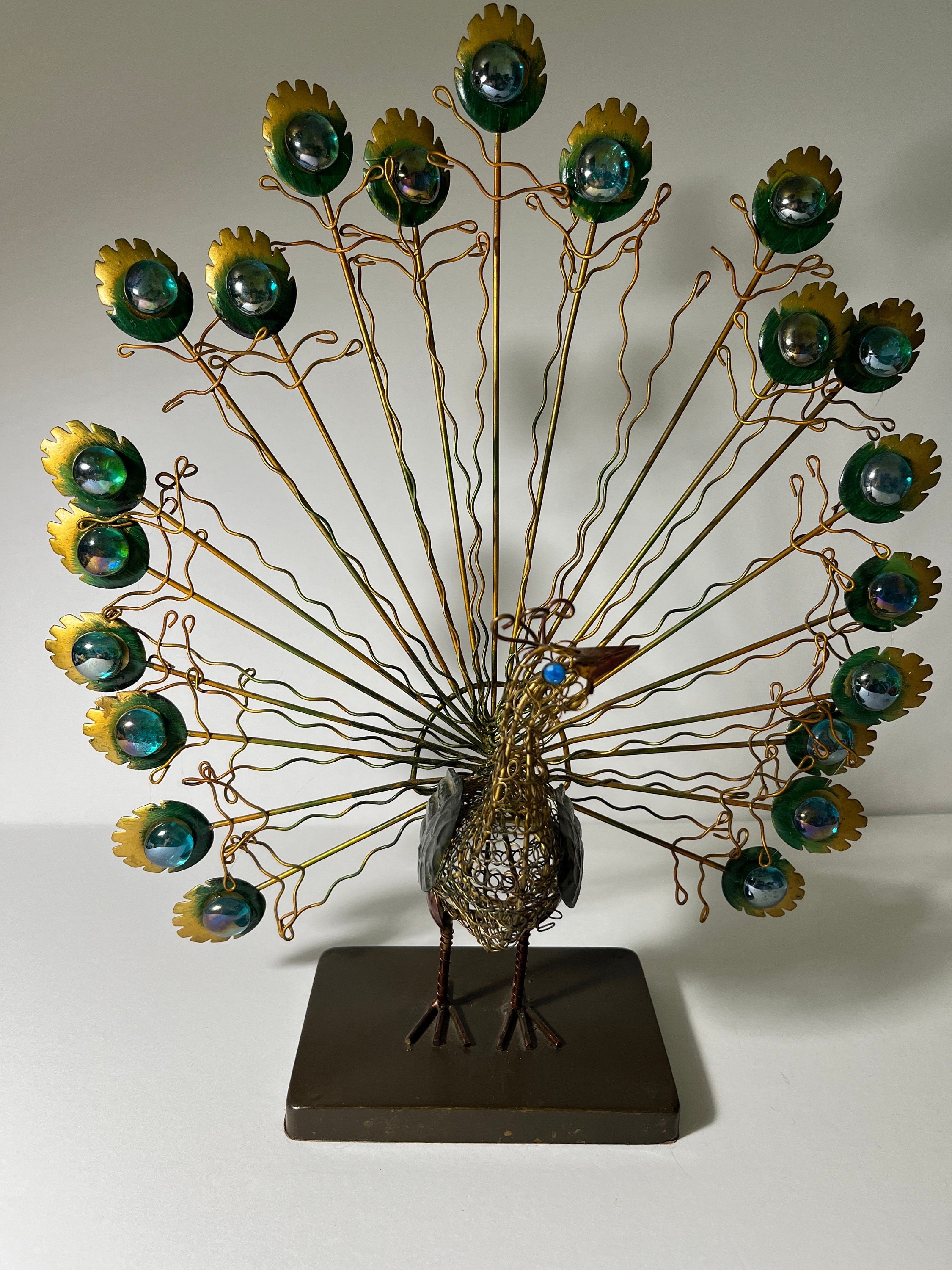 Vintage Peacock Wire Sculpture, Metal Peacock, Gold Blue Green Metal ...