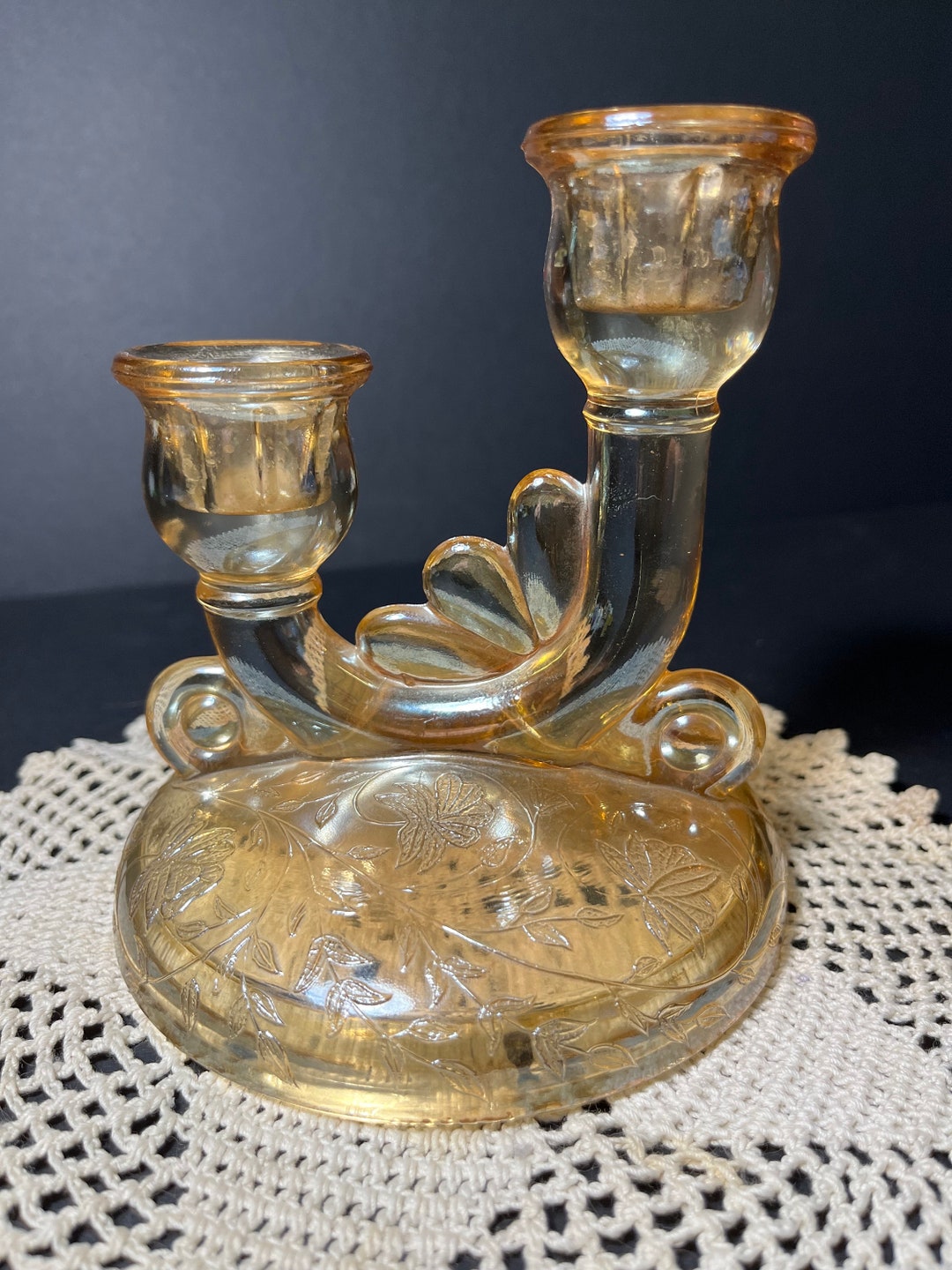 Vintage Floragold Glass Double Candle Holder With Raised Floral Design ...