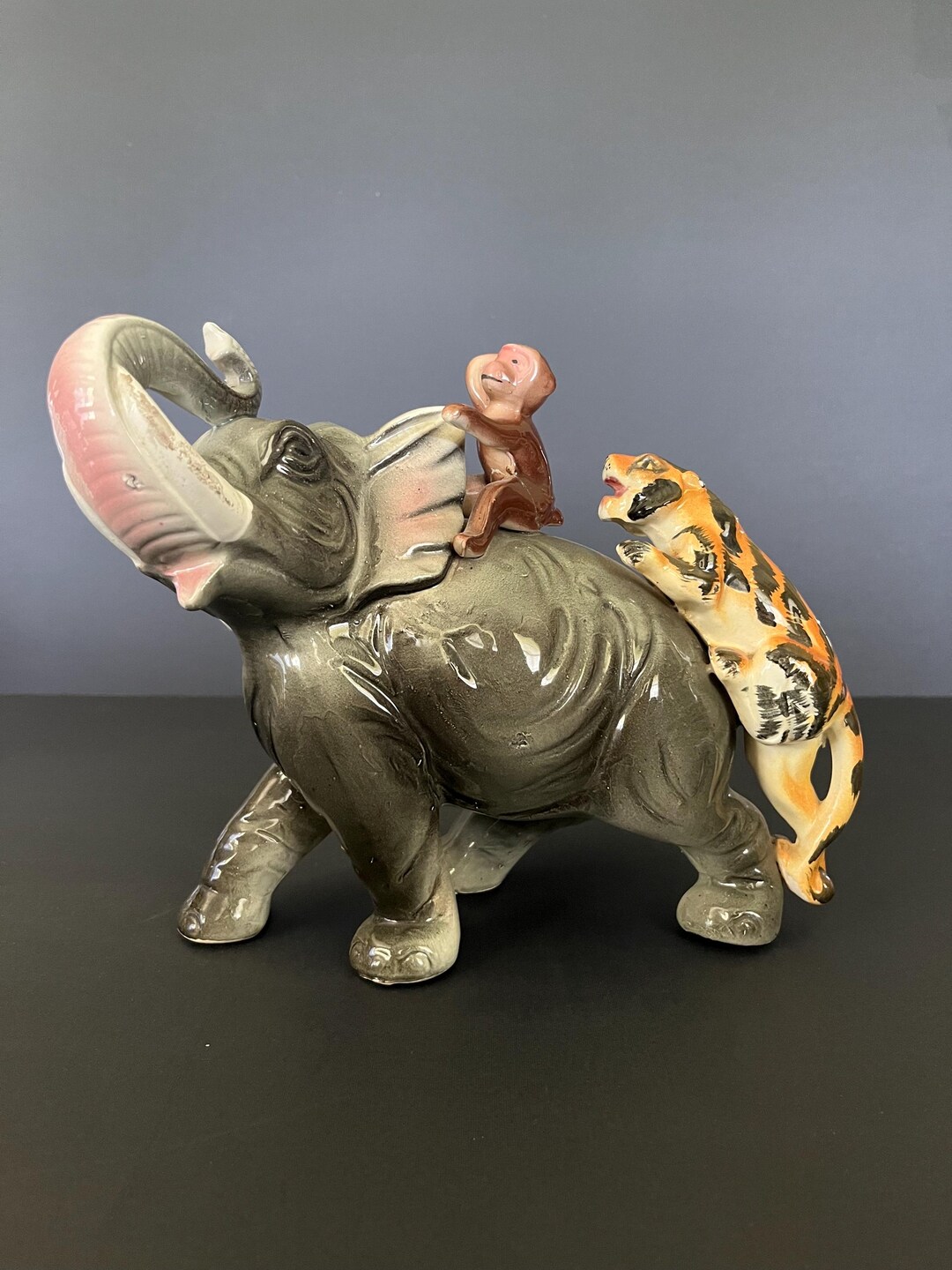 Vintage Ceramic Elephant With Monkey and Tiger on Its Back, 1950s ...