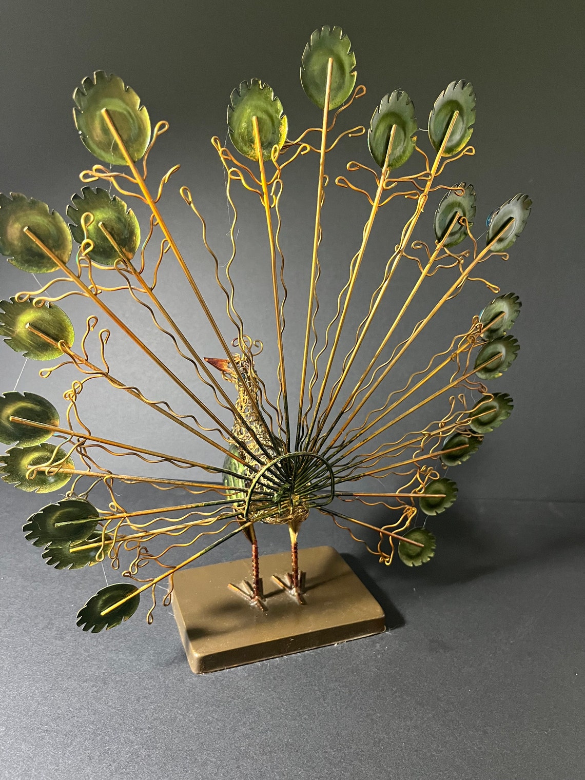 Vintage Peacock Wire Sculpture, Metal Peacock, Gold Blue Green Metal ...