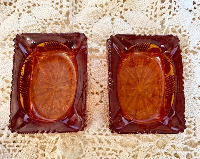 Vintage Amber Glass Ashtray Set, Decorative Cut Glass Amber Mini ...