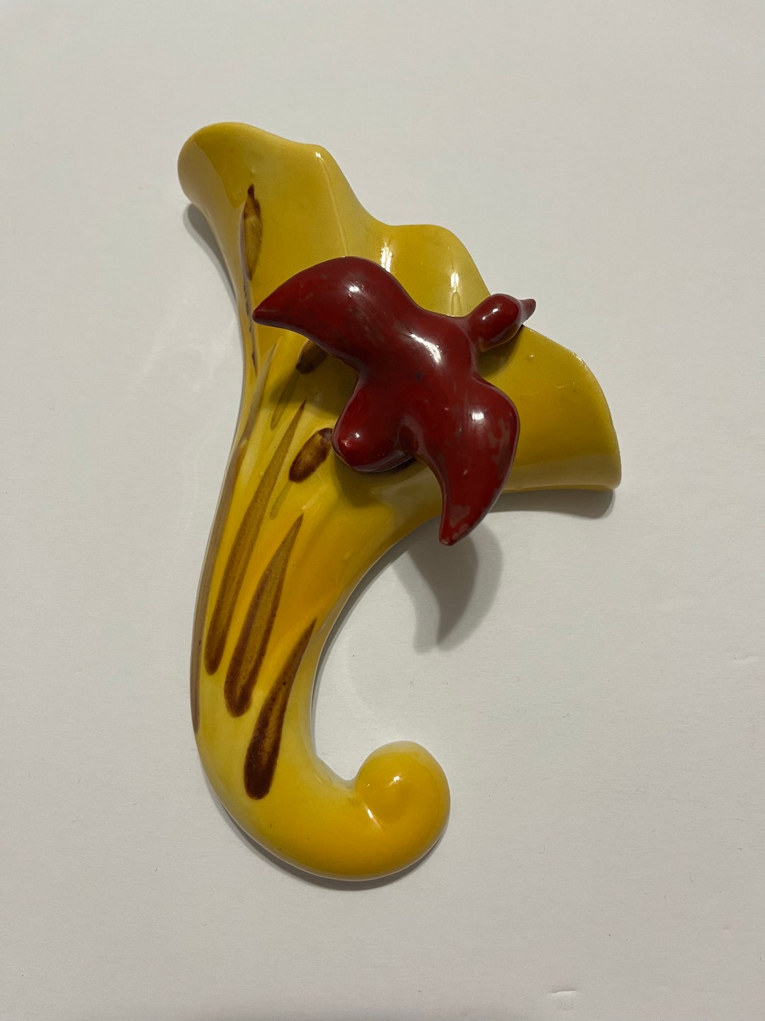 Vintage Wall Pocket Ceramic Glazed, Yellow Vase With Red Duck Bird and ...