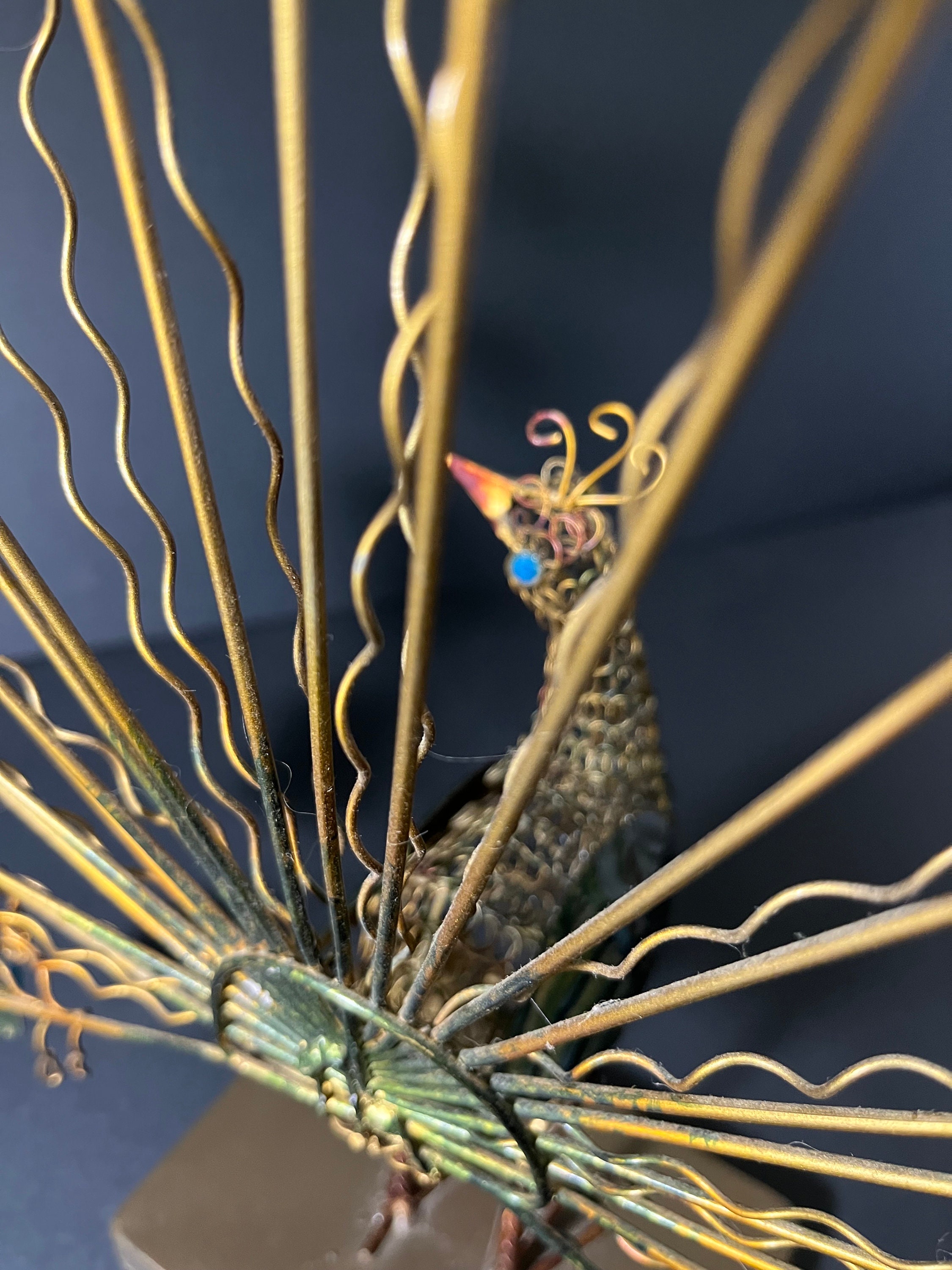 Vintage Peacock Wire Sculpture, Metal Peacock, Gold Blue Green Metal ...