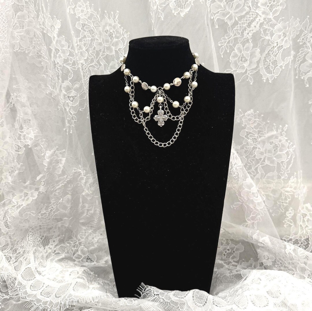 Silver Gothic Layered Chain Necklace - Pearl Cross Medal Necklace ...