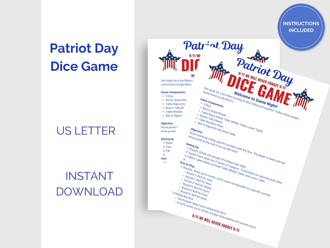 9/11 | Patriotic Bunco Game Bundle | Game Day Fun | Printable Dice Game ...