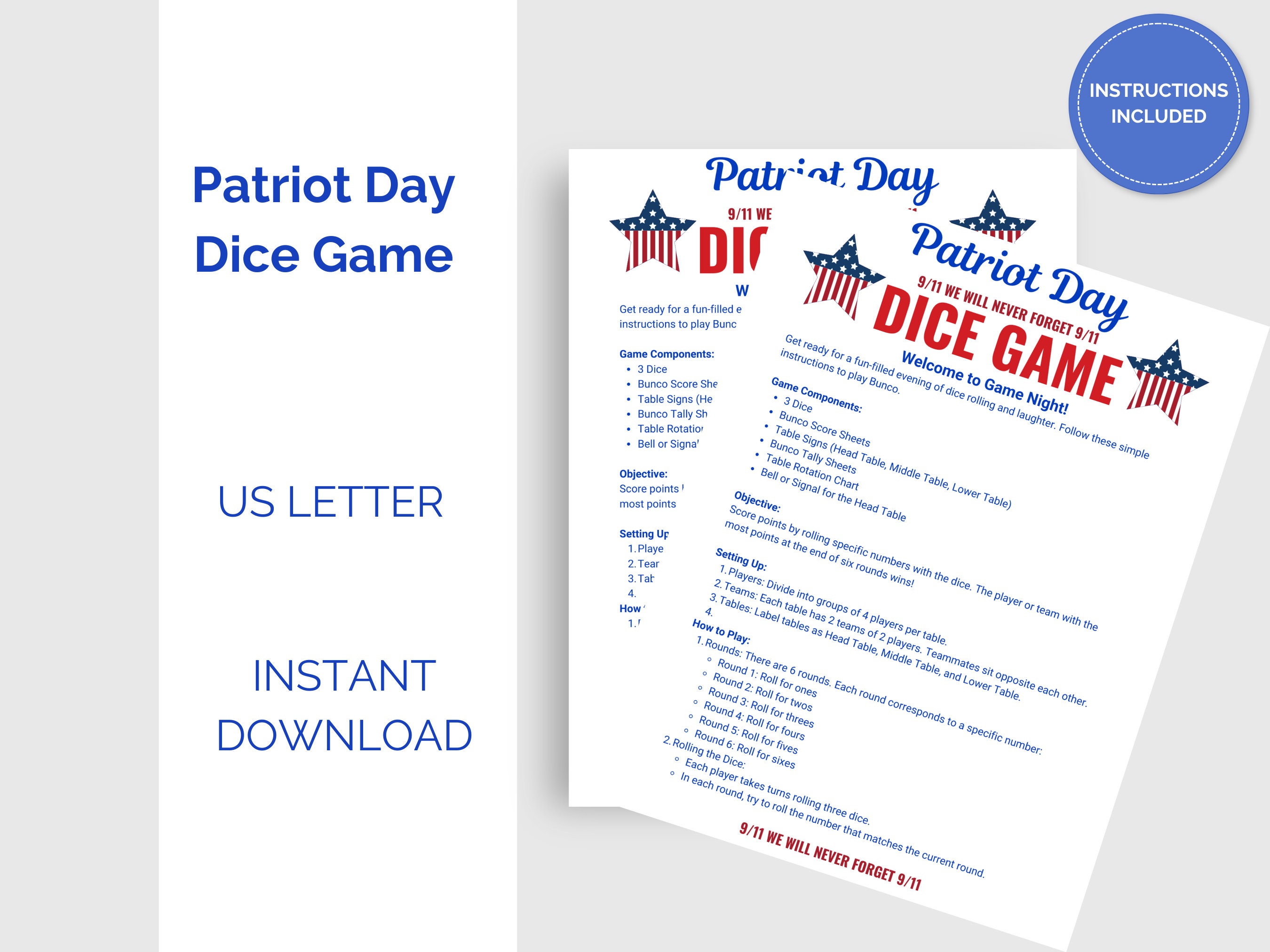 9/11 | Patriotic Bunco Game Bundle | Game Day Fun | Printable Dice Game ...