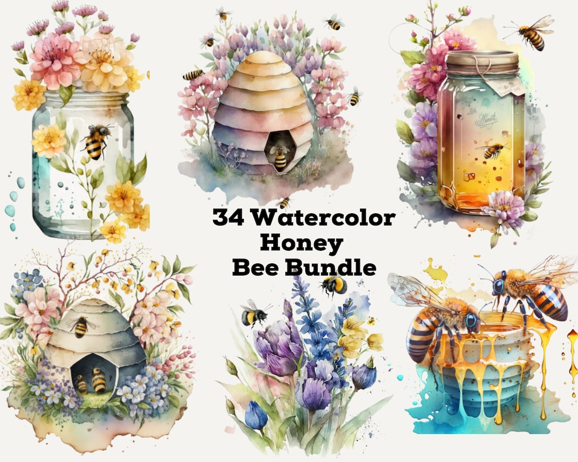 Watercolor Honey Bee Clipart, Queen Bee Png, BEE Png BUNDLE, Honey Bee ...