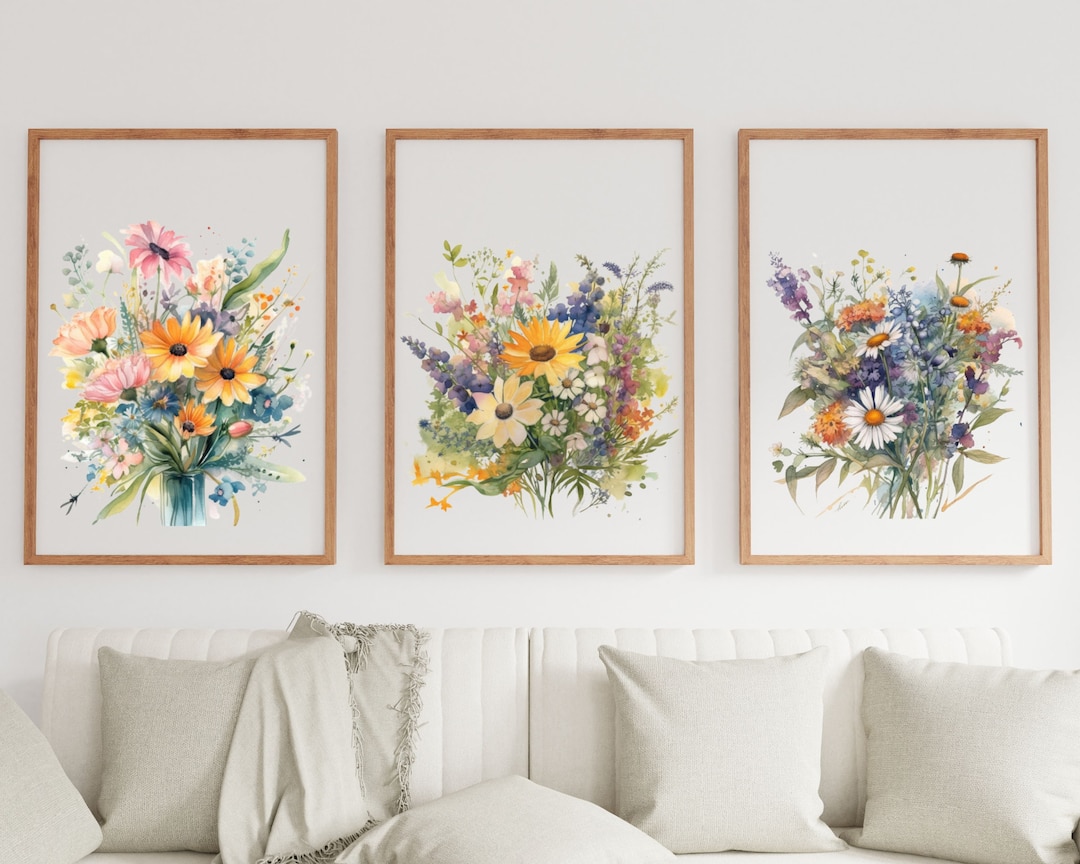 Bright Floral Prints, Colorful Wildflower Art Set of 3, Digital ...