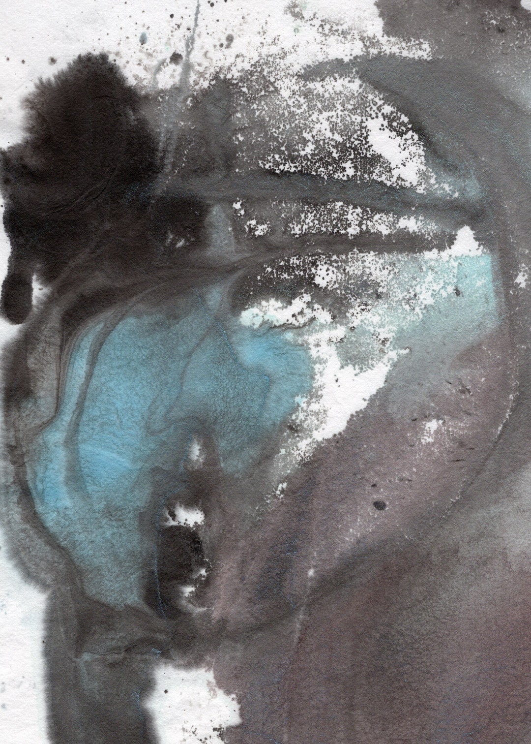 Mysterious Blue Monotype Watercolor Art on Rice Paper, Shimmering ...
