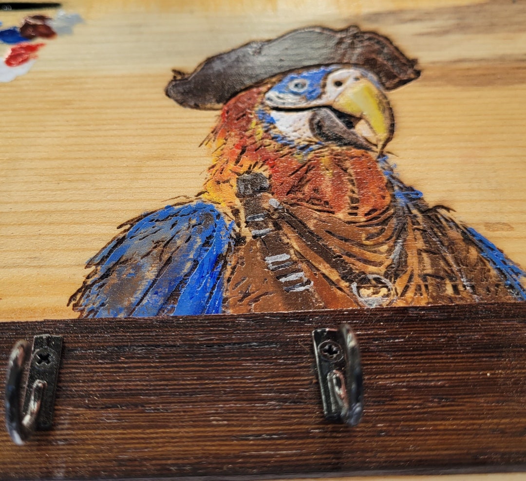 Engraved Key Holder Colorful Parrot, Skeleton Key, 5 Metal Key Hooks ...